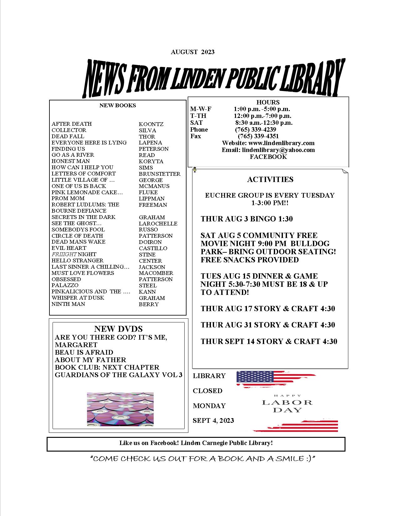 AUGUST NEWSLETTER 2023 – Linden Carnegie Library