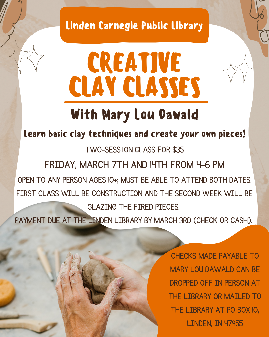 CLAY CLASSES – Linden Carnegie Library